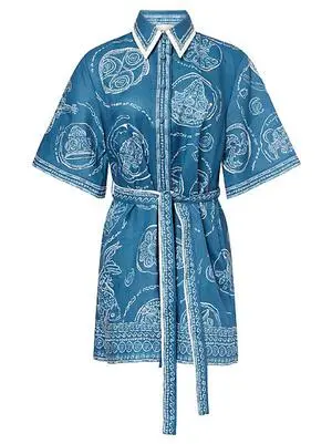 ALEMAIS Belted Graphic Print Linen Mini Dress - Blue