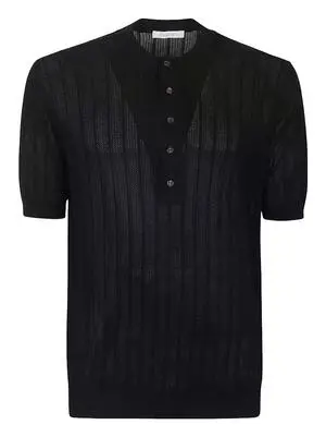 CRUCIANI Pointelle-knit Buttoned Short-sleeve Sweater - Black