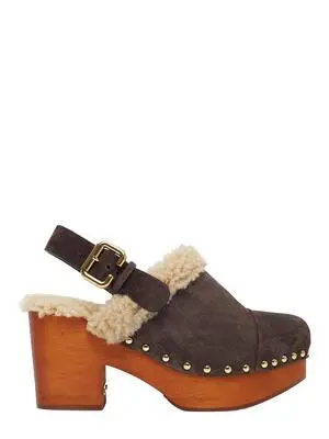 Chloé Jeannette Shearling Wedge Clogs - Brown