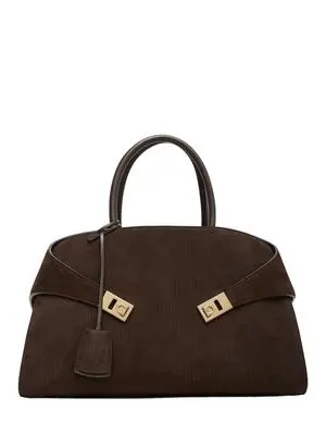 FERRAGAMO Hug M Suede Top Handle Bag - Brown