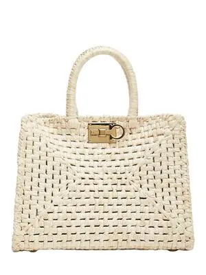 FERRAGAMO The Studio Small Raffia Top Handle Bag - Beige