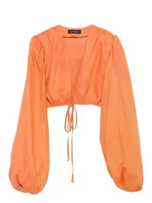 ACTUALEE Tie-fastening Puff-sleeve Top - Orange