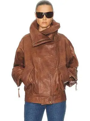 Balmain High Collar Lambskin Blouson - Marron