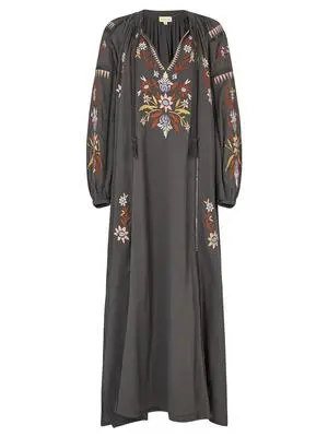 RAFFYA Elisa Embroidered Kaftan Maxi Dress - Grey