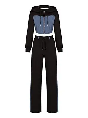 GOC DENIM Denim Detail Cotton Tracksuit Set Black/blue