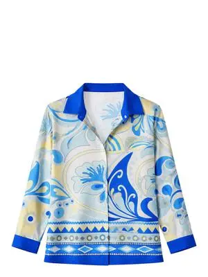 Loveist Store Loveist Mağazasi Printed Long Sleeve Linen Shirt - Blue