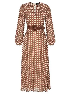 EXQUISE Belted Basket Patterned Chiffon Midi Dress - Brown