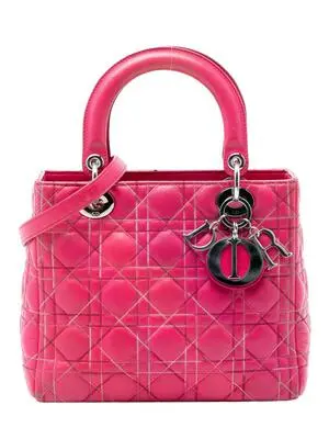 Dior 2011 Medium Lambskin Cannage Contrast Stitch Lady Satchel - Pink
