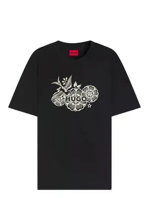 Hugo Flora-print Logo-detail T-shirt - Black