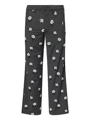 HONOR THE GIFT Flower-beaded Pinstripe Cotton Trousers - Black