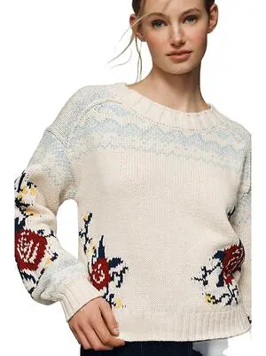 Maeve Cotton Floral Fairisle Long-sleeve Sweater - Antique Ivory