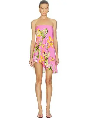 Rococo Sand Strapless Mini Dress With Tropical Print - Fuchsia