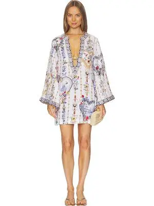 Camilla Deep V Neck Hardware Short Kaftan - Blue