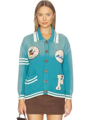 FOUND Found Varsity Patch Collared Cardigan Teal