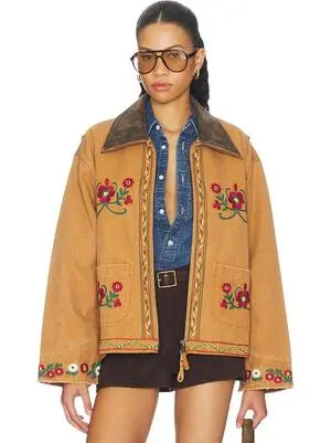 FOUND Embroidered Canvas Work Jacket With Leather Collar - Cognac