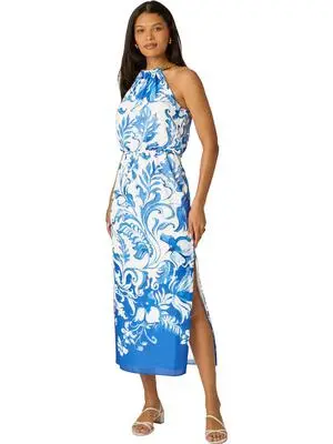 Adrianna Papell Scroll Print Chain Halter Midi Dress - Ivory/blue