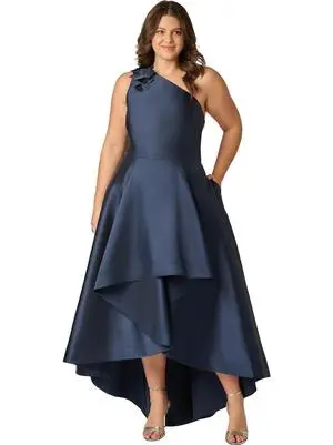 Adrianna Papell One-shoulder High-low Gown With Applique - Midnight