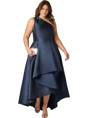 Adrianna Papell One-shoulder High-low Gown With Applique - Midnight