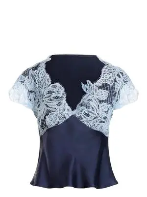 SCARLETT GASQUE Jayne Silk Charmeuse Sweetheart Neckline Top With Lace Detail - Blue