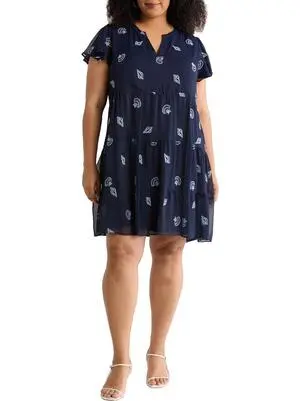 CECE DUPRAZ Embroidered Flutter Sleeve Dress - Classic Navy