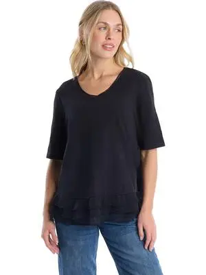 WILT CLOTHING V-neck Elbow Sleeve Mixed Media Tee - Black