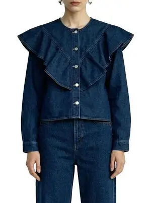 Vero Moda Ruffle Placket Denim Button-up Shirt - Medium Blue Denim