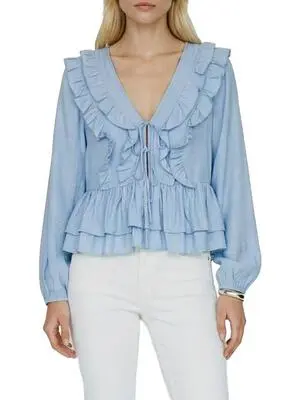 Vero Moda Ruffle Peplum Chambray Top - Brunnera Blue