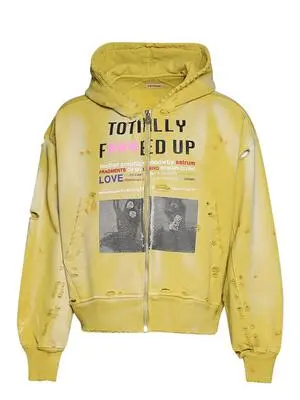 ASTRUM Zip-up Graphic Distressed Hoodie - Yellow
