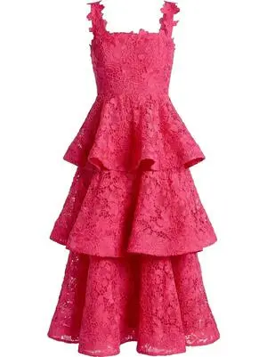 Mac Duggal Embroidered Lace Ruffle Midi Dress - Pink