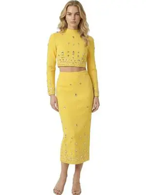 MODENAIRE Embellished Crop Top And Midi Skirt Set - Yellow