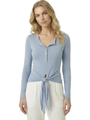 MODENAIRE Long Sleeve Henley Top - Heathered Light Blue