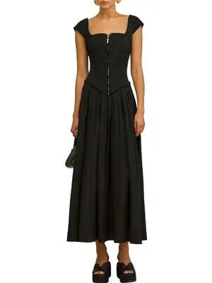 Cult Gaia Solstice Pleated Fringe Trim Cap Sleeve Dress - Black