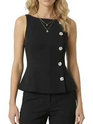 MODENAIRE Sleeveless Asymmetrical Button Top - Black