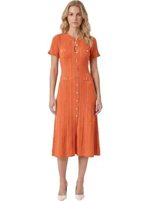MODENAIRE Modenaire Button-Front Knit Midi Dress With Ruffled Short Sleeves Orange