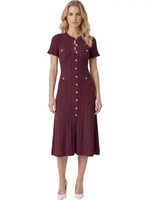 MODENAIRE Modenaire Button-Front Knit Midi Dress With Ruffled Short Sleeves Red