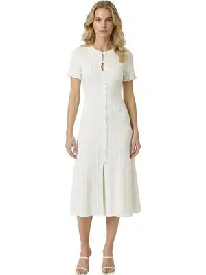 MODENAIRE Button-front Knit Midi Dress With Ruffled Short Sleeves - White