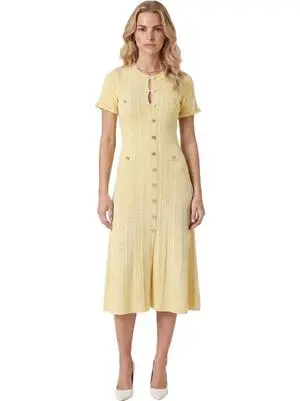 MODENAIRE Button-front Knit Midi Dress With Ruffled Short Sleeves - Yellow