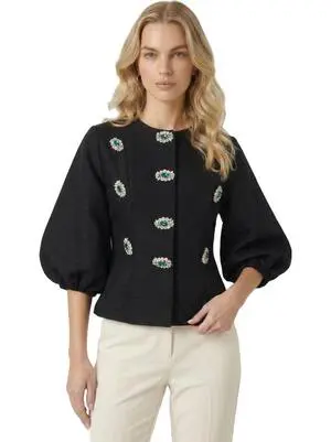 MODENAIRE Embellished Puff Sleeve Jacket - Black