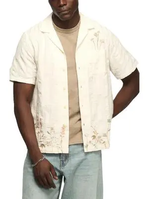 Lucky Brand Embroidered Cotton Camp Shirt - Cream Multi