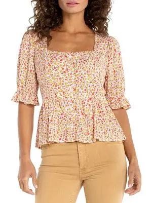 LIVERPOOL Puff Sleeve Peplum Top - Pristine Multi