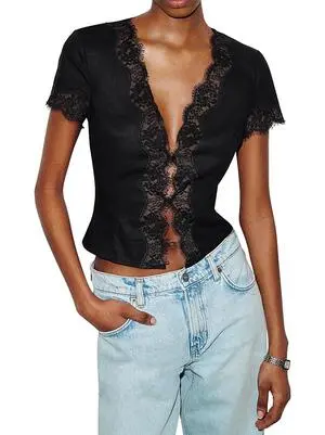 REFORMATION Brynn Linen Top With Lace Detail - Black