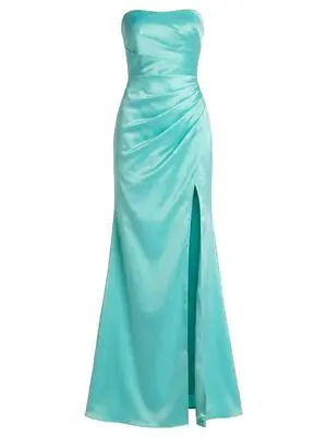 Mac Duggal Strapless Satin Gown With Slit - Blue