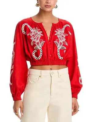 Farm Rio Richilieu Cropped Blouse - Red
