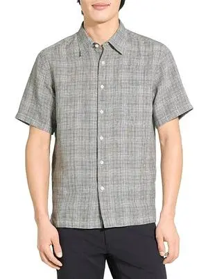 Theory Irving Short Sleeve Shirt In Relaxed Linen - Pine Grove Multi