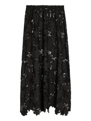 SOLAQUA Margaux Embroidered Guipure-lace Maxi Skirt - Black