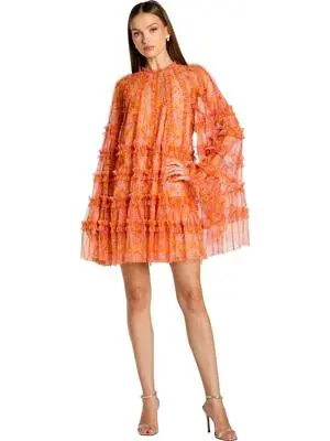 Mac Duggal Floral Ruffle Long Sleeve Mini Dress - Mango Multi