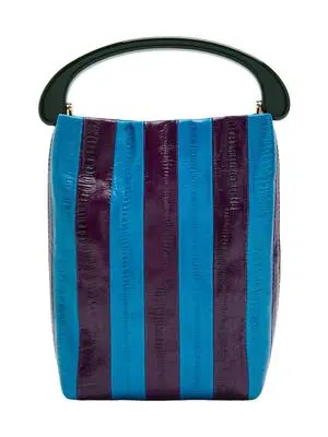 Dries Van Noten Striped Glossed Leather Top Handle Bag - Turquoise