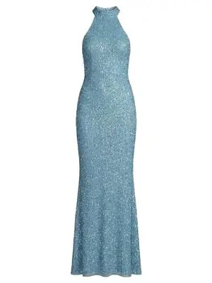 Mac Duggal Embellished Halter Neck Open Back Column Gown - Blue