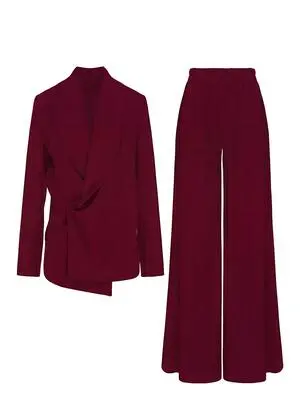 BLUZAT Burgundy Wrap Blazer And Flared Trousers Set - Red