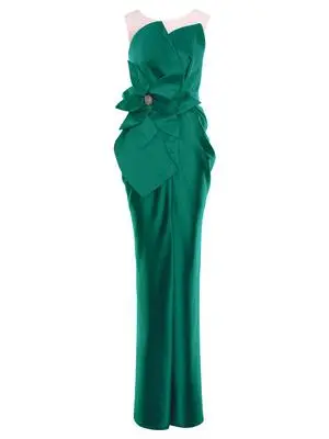 ACOB À PORTER Cristina Satin Maxi Dress With Oversized Flower Applique - Green
